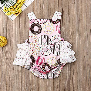 Lamuusaa Newborn Baby Girls Fly Sleeve Ruffled Romper Colorful Doughnut Bodysuit Jumpsuit Headband Summer Outfit 0-24M (6-12M, Pink)