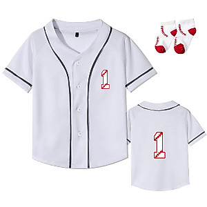 1st Birthday Baseball Shirt Baby Boy First Birthday Outfit Rookie of The One Year Old Clothes Short Button Tshirts (White 1,12 Months)