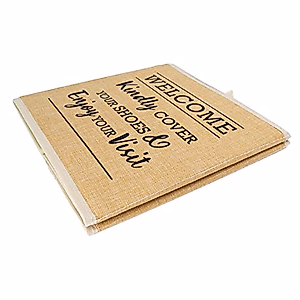 Premium Linen Look Foldable Shoe Cover Bin, Indoor Real Estate Bootie Box, Open House Supply with 10 Pack Shoe Covers and a Please Use Shoe Covers, Double Sided, Door Hanger (Linen Bin with 10 Pack Shoe Covers)