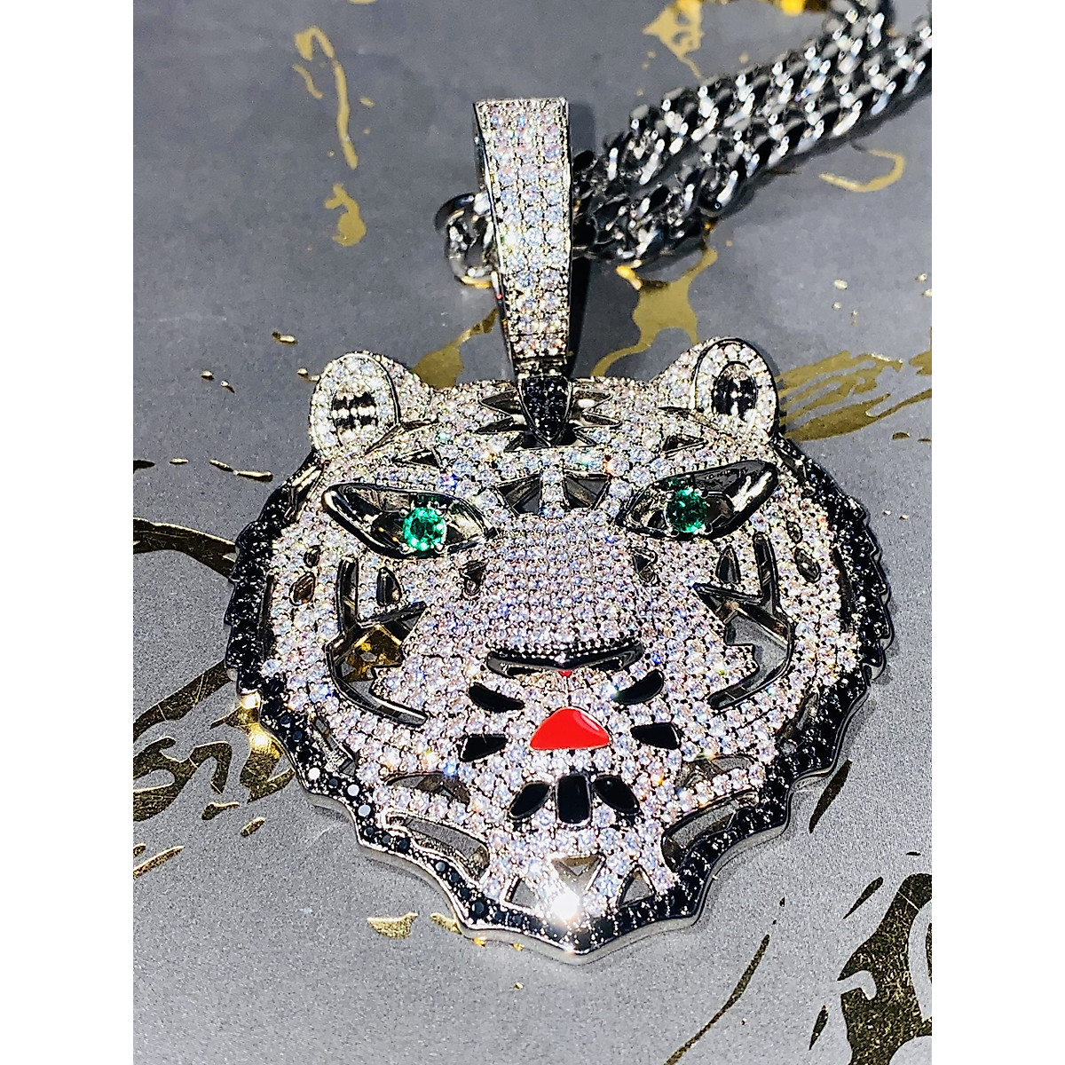 8mm Miami Cuban Link Chain Bengal Tiger Big Custom Cuban Pendant Iced Diamond cz Men Women 925 Italy Men's Choker Chain, 14k White Gold Silver Miami Cuban 6mm Chain Necklace Choker, Diamond Pendant (22" Chain Pendant)