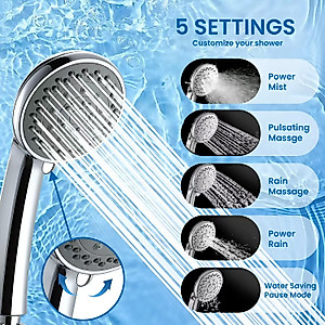 Shower Head, Axioblis 5 Function High Pressure Handheld ShowerHead with Shower Hose and Adjustable Bracket, Velynda