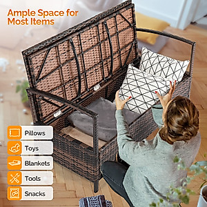 VINGLI 40 Gallon Outdoor Bench with Storage, Wicker Deck Box, Rattan Outdoor Storage Box, Patio Sofa Storage Bench with Cushion for Porch, Yard, Lawn, Garden (Brown)