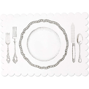 Paper Placemats for Table, White Mats with Scalloped Edge (14 x 10 in, 100 Pack)