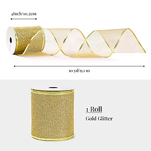 PAPER FAIR 1 Roll 4 Inch Wide 10 Yd Gold Glitter Wired Ribbon, Metallic Gold Mesh Wired Edge Ribbon for Christmas Tree Décor, Gift Wrapping Box, Bows, Wreath, Garland, DIY Craft