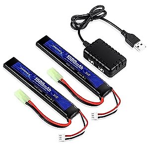 URGENEX Airsoft Battery 7.4V 1500mAh 35C High Discharge Rate Lipo Battery Pack with Mini Tamiya Plug Rechargeable 2S Lipo Battery for Airsoft Model Guns