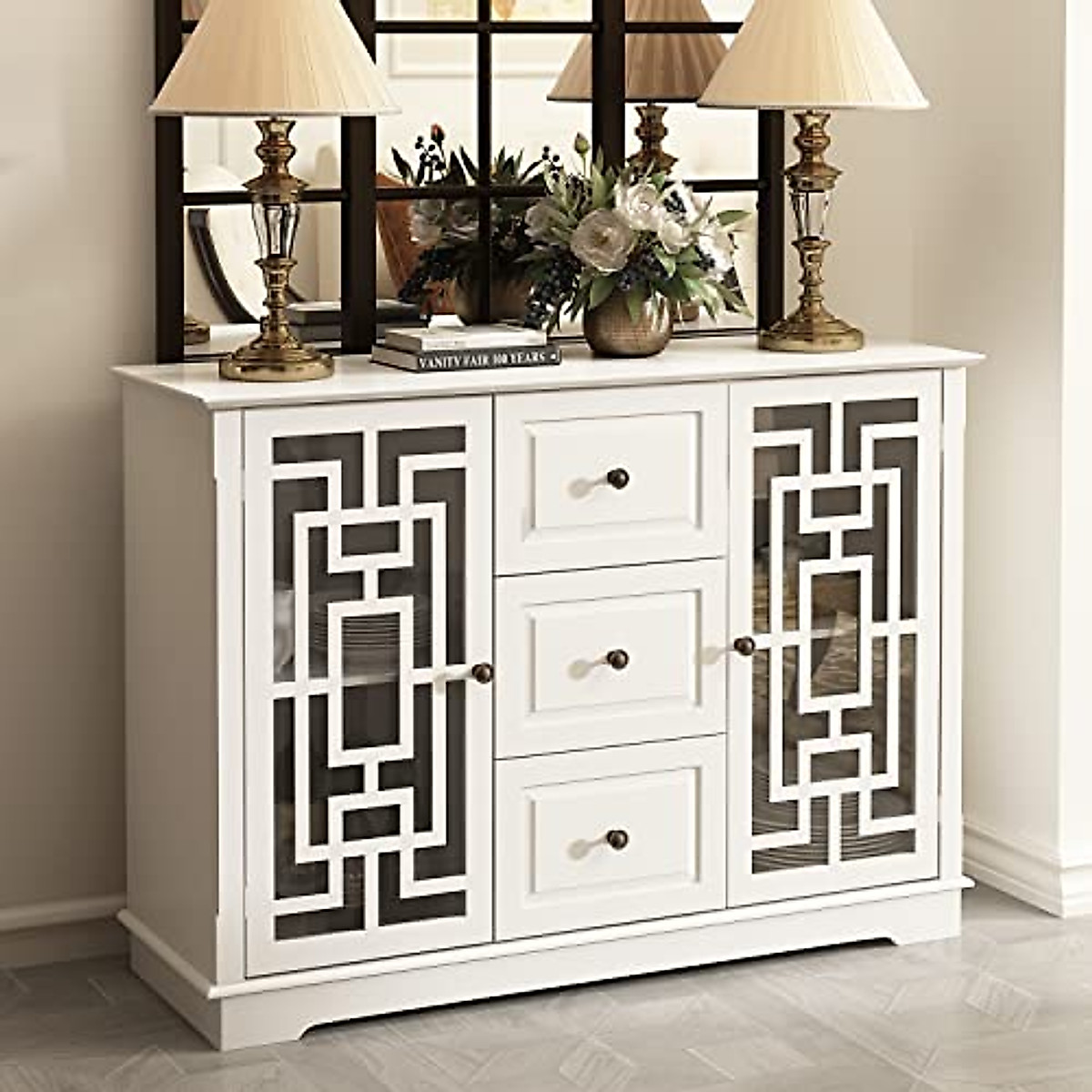 Homsee Modern Sideboard Kitchen Buffet Cabinet with 2 Glass Doors, 3 Drawers & 4 Storage Compartments, Wood Cupboard Console Table TV Stand for Living Room, White (47.2”W x 15.7”D x 33.8”H)