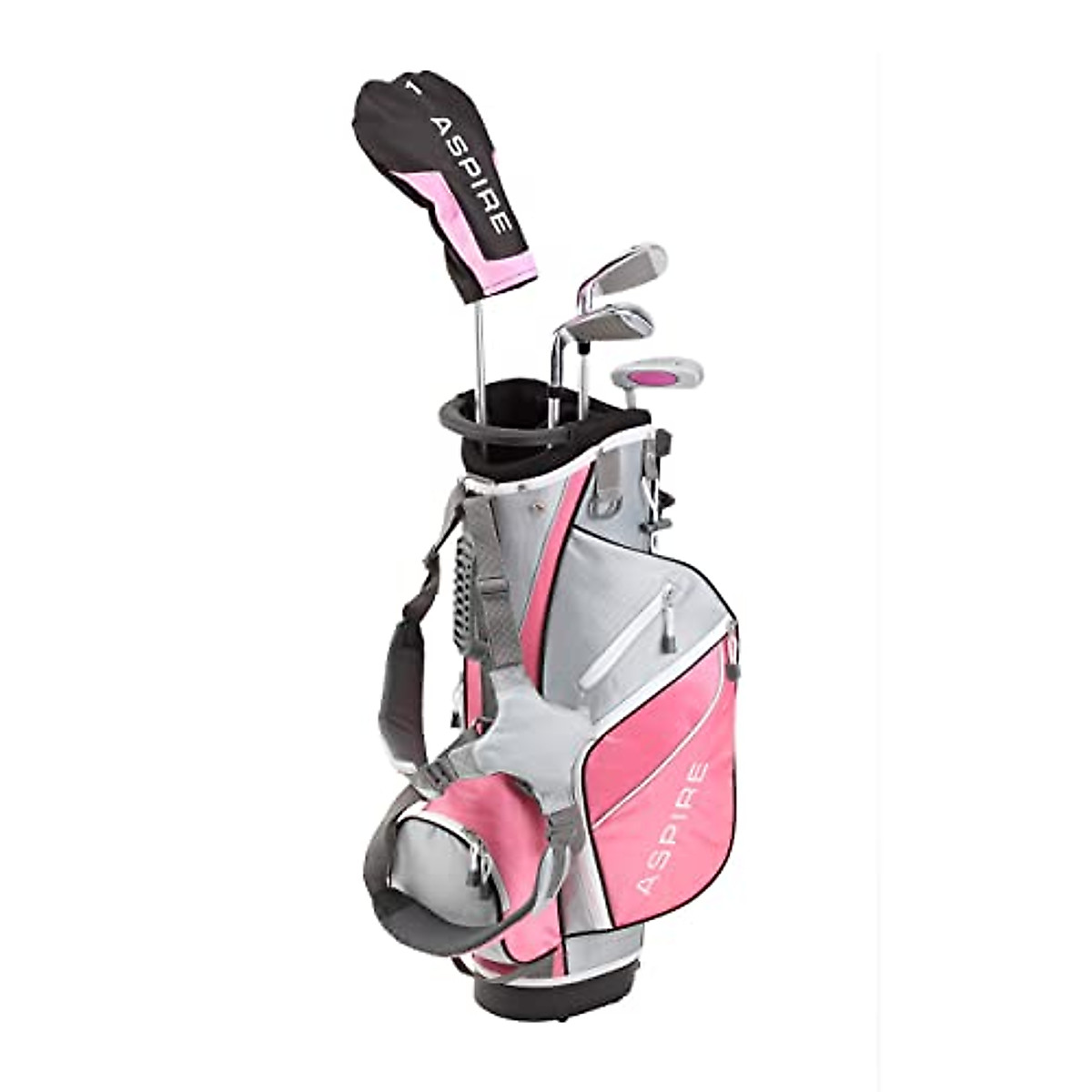 Aspire Golf Junior Plus Complete Golf Club Set for Children, Kids - 5 Age Groups Boys and Girls - Right Hand, Real Girls Junior Golf Bag, Kids Golf Clubs Set (Pink Ages 5-6)