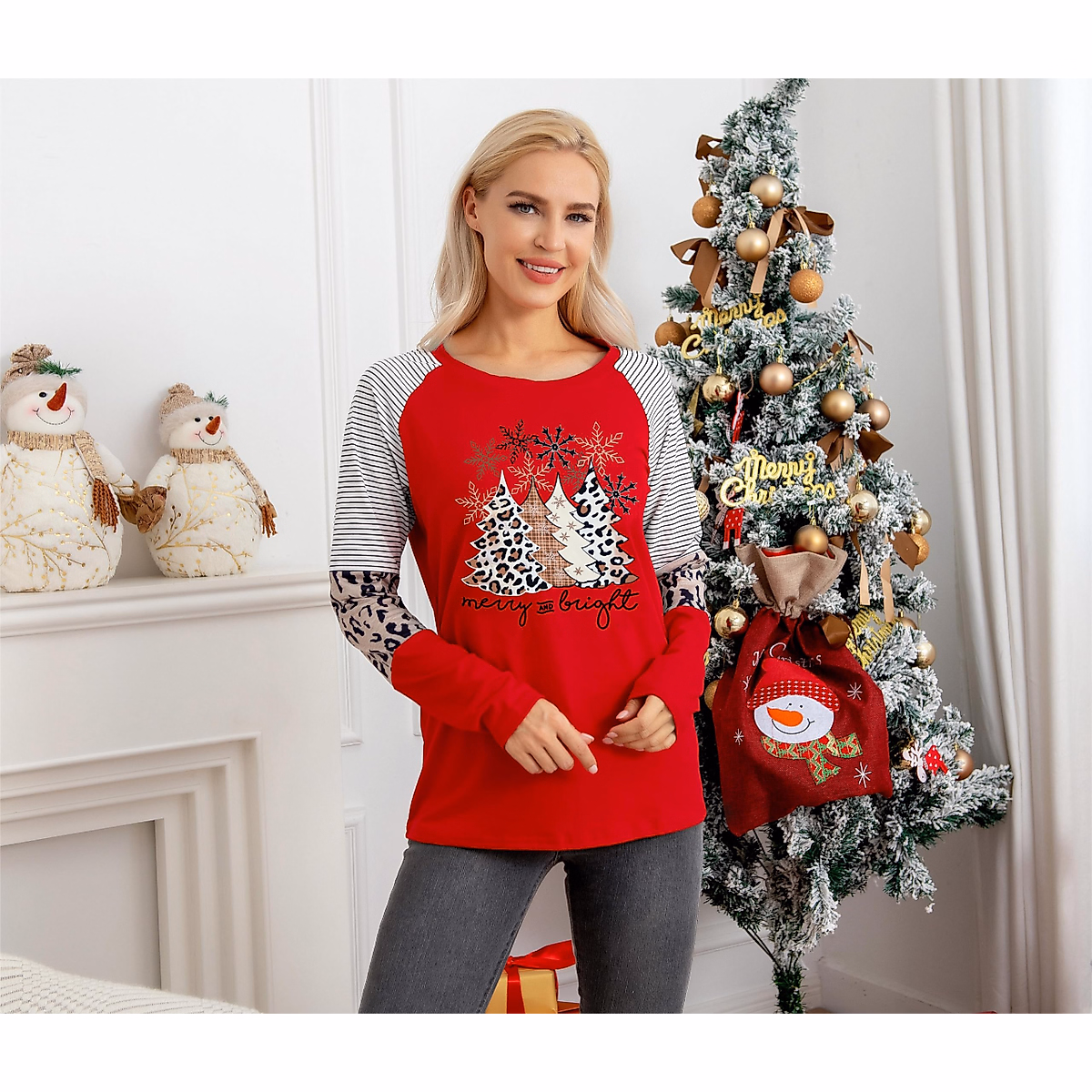Christmas T Shirt Womens Merry and Bright Shirt Xmas Leopard Print Tree T-Shirt Holiday Graphic Tee Tops (Red, XX-Large)