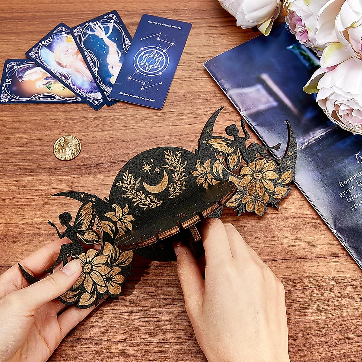 CREATCABIN Fairy Crystal Shelf Display Pendulum Holder Stand Wooden Wall Crystal Shelf Angel Rustic Floating Shelves Trinket Dowsing for Hanging Essential Oil Spiritual Gift Wall Decor 9.84x3.93Inch