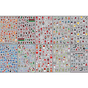 JMEOWIO 10 Sheets Christmas Nail Art Stickers Decals Self-Adhesive Pegatinas Uñas Snowflake Xmas Winter Holiday Cute Nail Supplies Nail Art Design Decoration Accessories