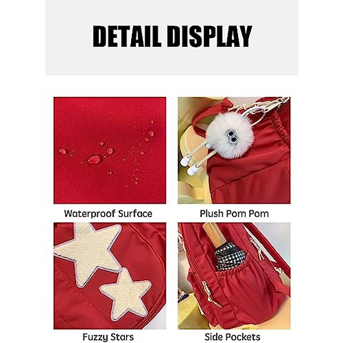 JHTPSLR Preppy Backpack Y2K Aesthetic Backpack Fluffy Stars Patchwork Aesthetic Backpack Cute Y2K Book Bags Backpack Supplies (Red)