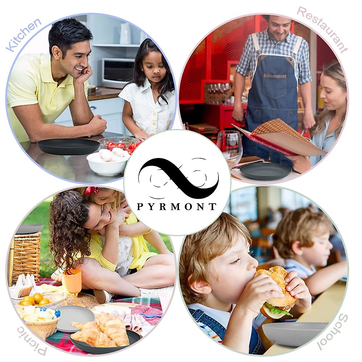 PYRMONT Dinner Plates Set of 8 Unbreakable Wheat Straw Plates 10-inch Large Plates Plastic Plates Reusable Dishwasher and Microwave Safe Unbreakable Plates for Kids (Grey Stone)