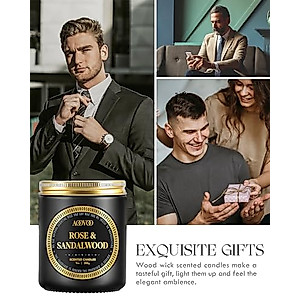 AOOVOO Scented Candles for Men - Rose & Sandalwood Candles for Home Scented | Crackling Wood Wick Soy Candles | Strong Fragranced Masculine Black Candle Gift for Women & Men, 9oz