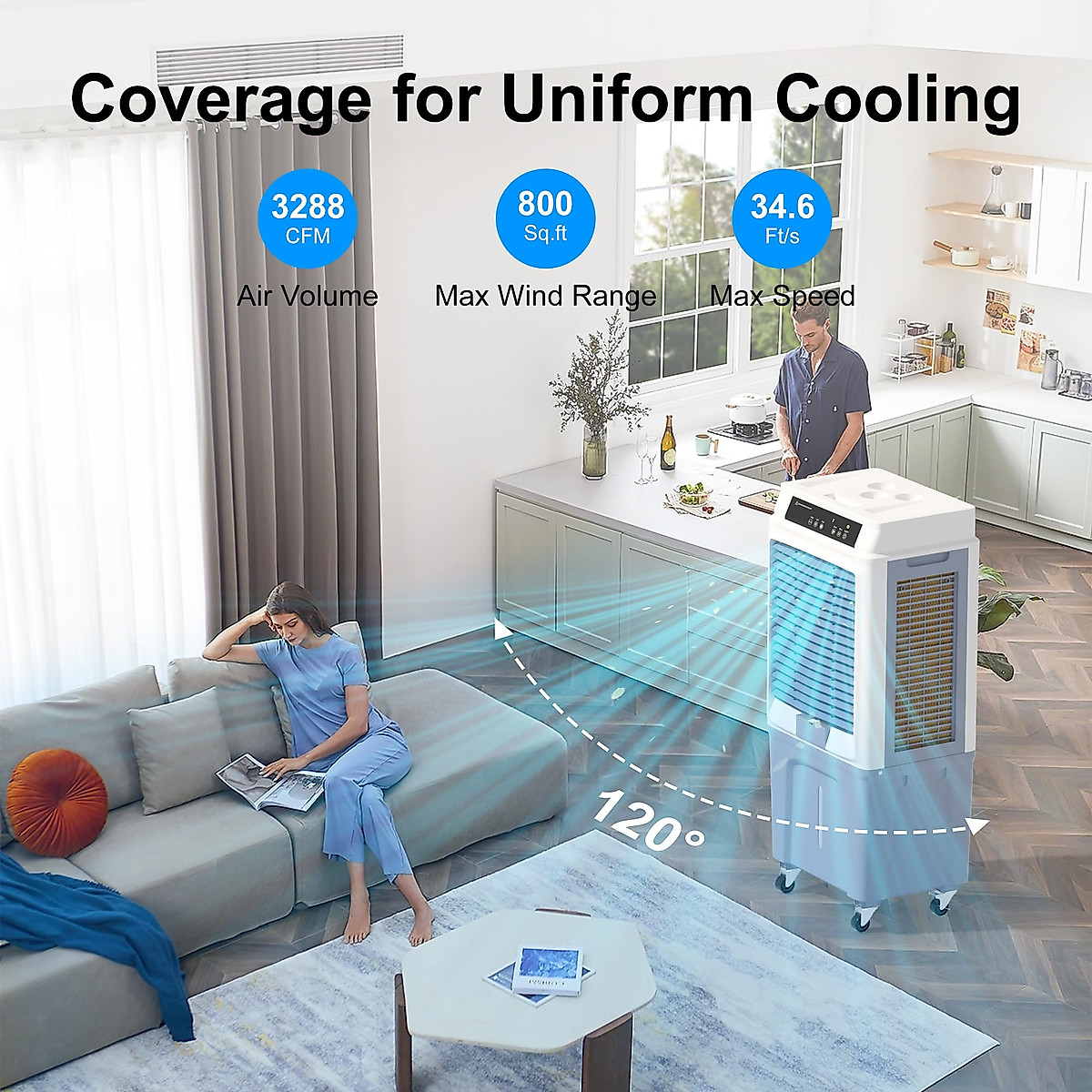 Landeagle Swamp Cooler, 3288CFM Evaporative Air Cooler with 10.6-Gal Water Tank, Evaporative Cooler with Water Level Alarm, 3 Speeds, 12H Timer, Air Cooler for Indoor Outdoor Patio Garage Use(42IN)