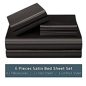 P Pothuiny 6-Piece Queen Satin Sheets Luxury Silky Black Satin Bedding Sheet Set, 1 Deep Pocket Fitted Sheet + 1 Flat Sheet + 4 Pillow Cases