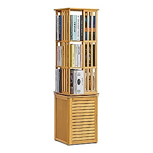 MoNiBloom Bamboo Rotating Bookcase Storage Cabinet with Door, 3 Tier Open Shelves Free Standing Bookshelf Display Organize for Living Room Bedroom, Natural