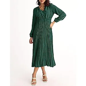 MEROKEETY Womens Elegant Long Lantern Sleeve V Neck Swiss Dot Ruffle Flowy Wedding Guest Dress,DarkGreen,M