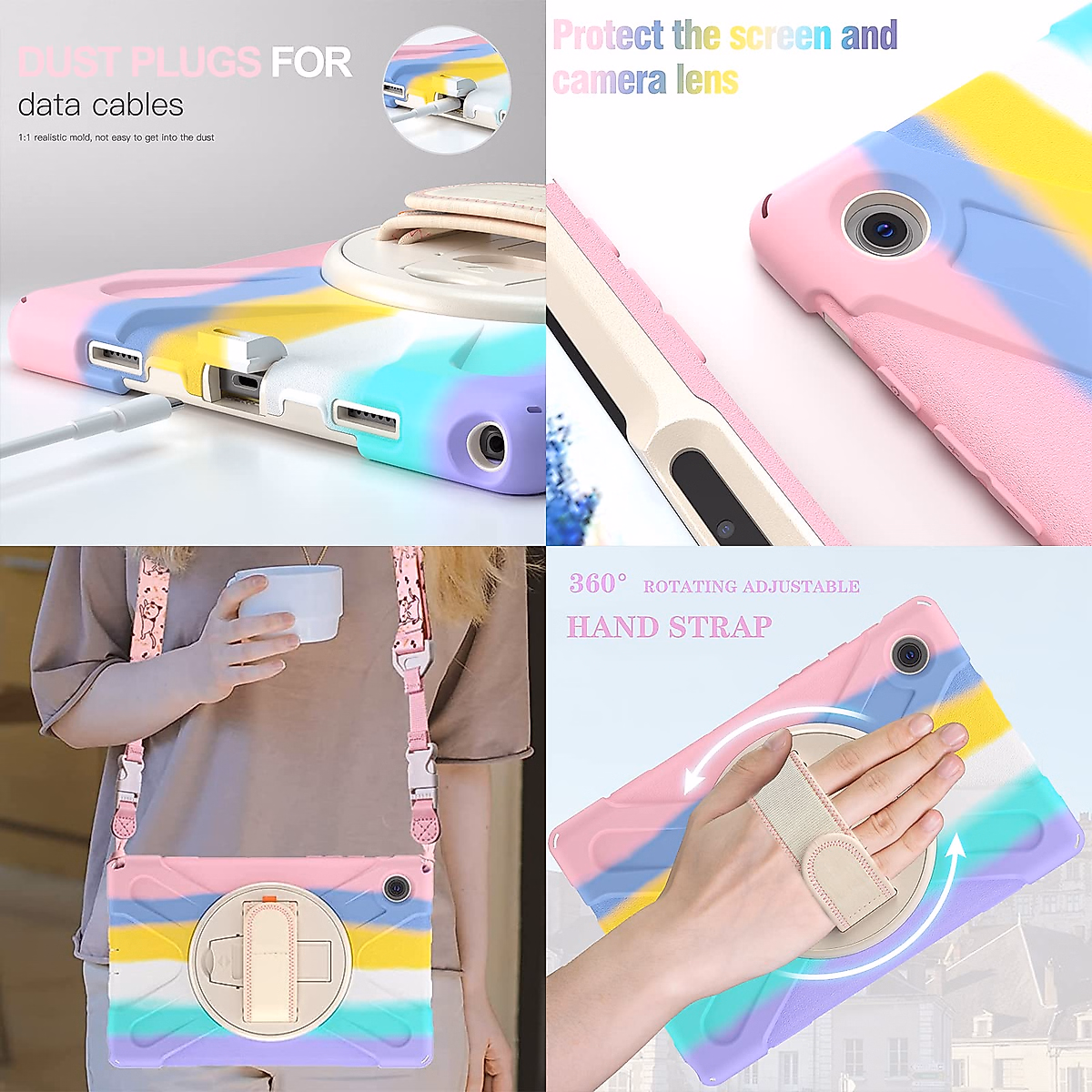 TSQQST Case for Samsung Galaxy Tab A8 10.5" 2022 for Kids Girls with Screen Protector Stand&Hand Strap | Rugged Protective Case for Samsung A8 Tablet SM-X200/X205/X207-Rainbow Pink