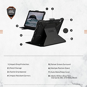UAG Designed for iPad 10.9” 10th Gen 2022 Case Metropolis Black with Adjustable Stand and Pencil Holder Rugged Non-slip Tactile Grip Exterior Heavy Duty Protective Folio Cover by URBAN ARMOR GEAR