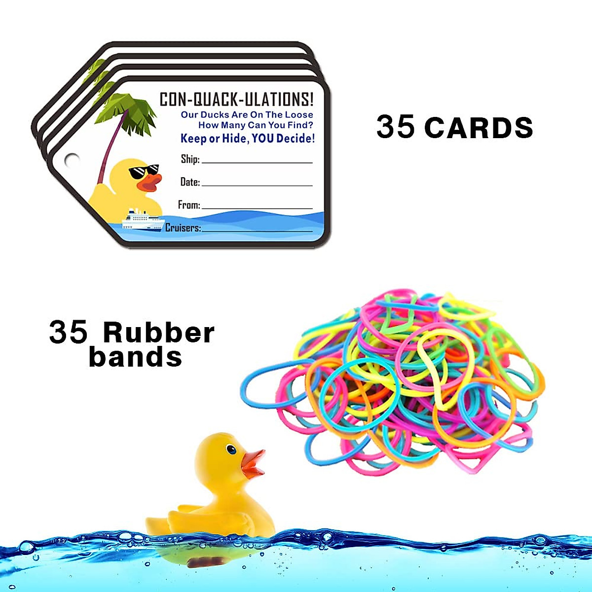 Duck Duck Tags, Cruising Rubber Duck Tag, Ducking Game Cards, 35 Pack, 2.2 x 3.5 Inches, with Hole and 35 Rubber Bands