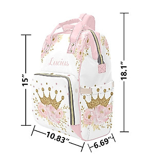 Yeshop Pink Floral Gold Crown Princess Personalized Diaper Bag Backpack Tote with Name,Custom Travel Nappy Mommy Bag Backpack for Baby Girl Boy Gift,10.83 Inch * 6.69 Inch * 15 Inch