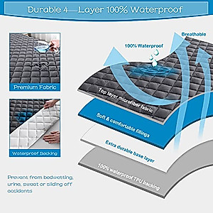 GRT Cal King Size Grey Quilted Fitted Mattress Pad, 100% Waterproof Breathable Mattress Protector, Noiseless Hollow Cotton Mattress Topper, Fitted 8"-26" Deep, Dust Proof