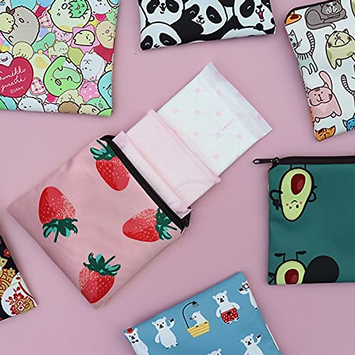 Sanitary Napkin Storage Bag,3pack Sanitary Napkin Pads Storage Bag with Zipper 5x5 inches First Period Bag for Girls,Women,Ladies(Strawberry)