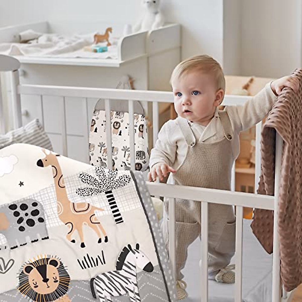 4 Piece Woodland Forest Animals Crib Bedding Set, Including Jungle Safari Crib Skirt, Blanket, Crib Sheet and Diaper Stacker, Soft Neutral Nursery Standard Size Baby Bedding for Baby Girls and Boys