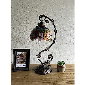 Enjoy Tiffany Style Table Lamp Stained Glass Rose Flowers Iron Metal Leaves Bronze Base Vintage for Living Room Dining Room Bedroom Bedside Office Hotel H21*W11 in