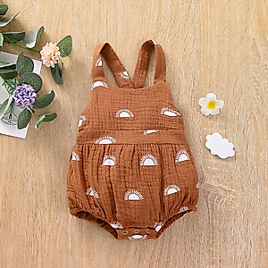 Newborn Girls Romper Jumpsuit Sun Print Sleeveless Cross Back One-Pieces Bodysuits Clothing (Brown, 0-6 Months, 6_Months)