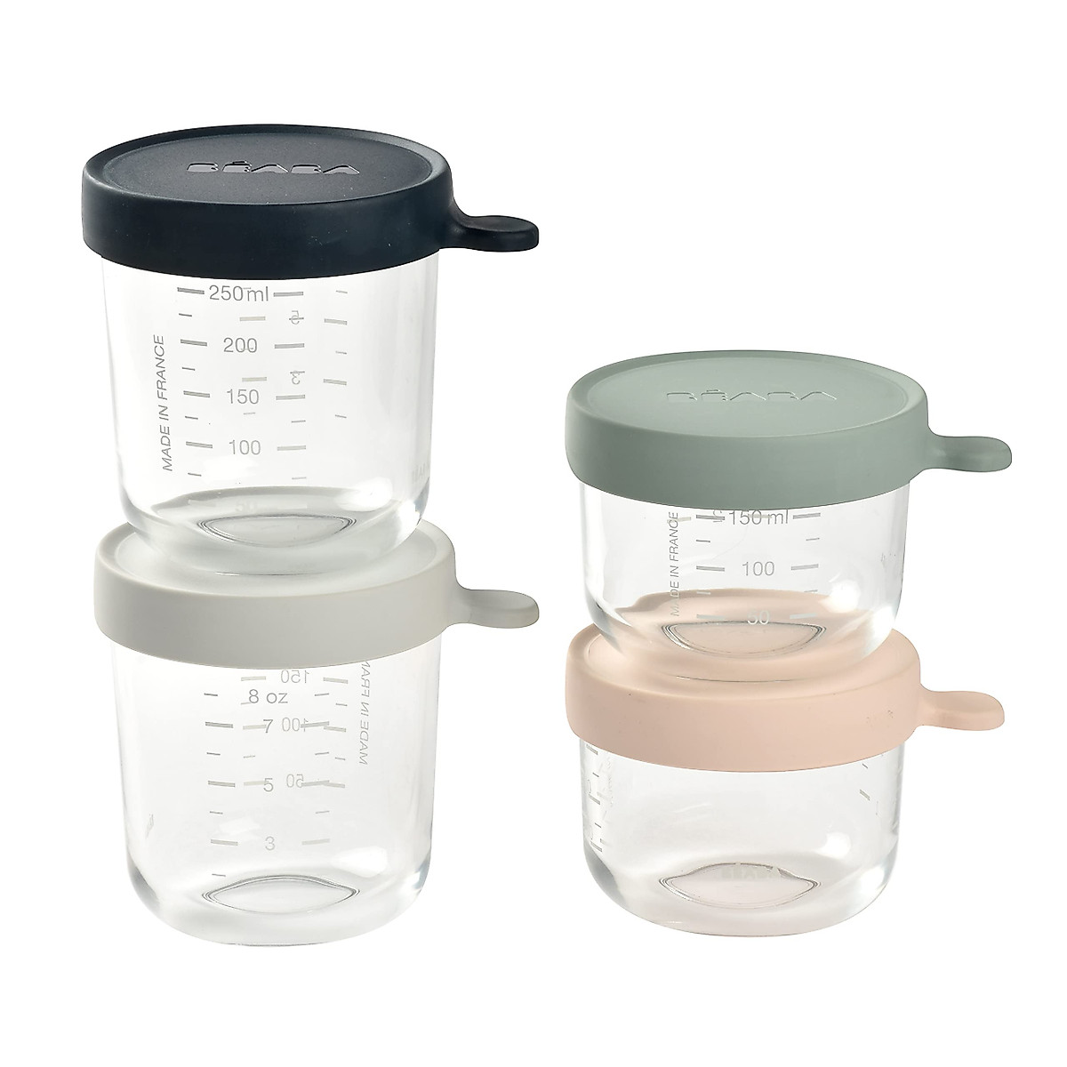 BEABA Glass Baby Food Container with Lid Set of 4, Glass Food Storage Containers with Airtight Lid, Baby Food Glass Jars, Baby Essentials, Freezer Microwave Safe, 5 and 8 oz Jars, (Eucalyptus)