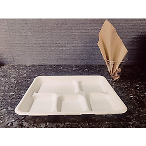[500 Pack] 5 Compartment Trays, 100% Compostable Paper Plate tray, School Bagasse Lunch trays, Buffet, and Party, Disposable trays with 5 compartment, Biodegradable, Natural (4821011)