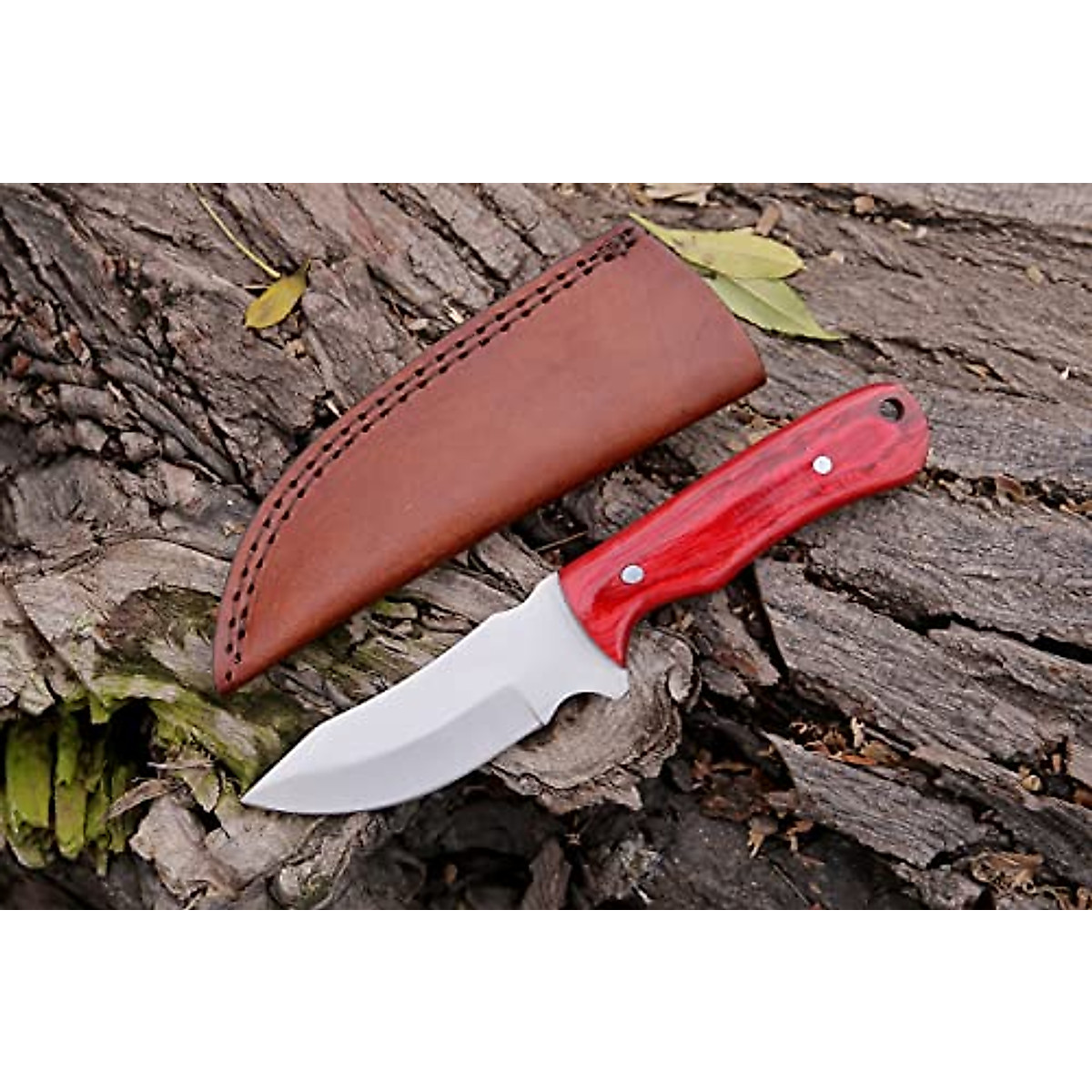 Exemplary Knives 9'' Handmade Fixed Blade knife with Cowhide Leather Sheath with integrated belt loop Stainless Steel Blade and Highly Polishing Red Pakkawood handle with Comfortable Grip for Outdoor Hunting, Hiking, Skinning, Camping and Bushcrafting.