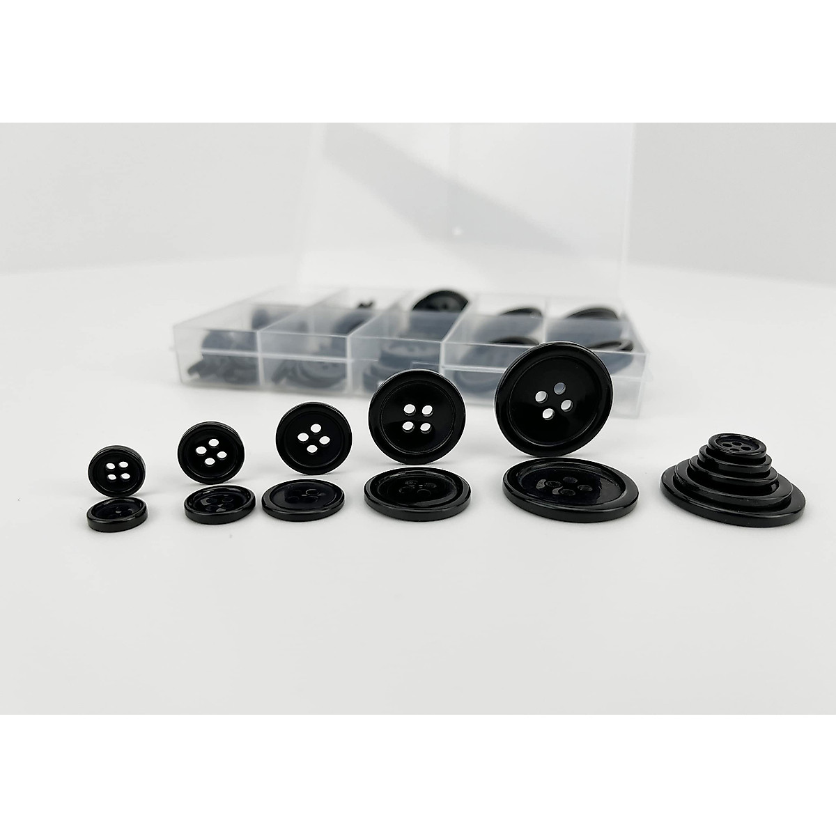 Wennuo 100Pcs Black Sewing Buttons,4-Hole Craft Buttons, 5 Sizes ,with Compartment Storage Box, Suitable for Sewing,Suit Coat Shirt Buttons，DIY Decoration (Black)