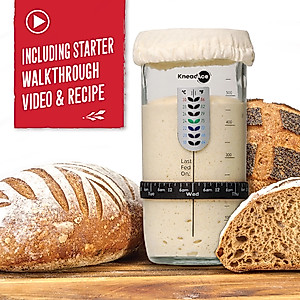KneadAce Sourdough Starter Jar With Date Marked Feeding Band, Thermometer, Sourdough Jar Scraper, Sourdough Container Sewn Cloth Cover & Metal Lid, Sourdough Starter Kit For Sourdough Bread Baking