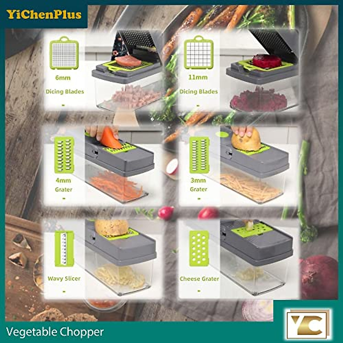 YiChenPlus Vegetable Chopper, 14-in-1 Food Chopper with Container Kitchen Vegetable Slicer/Dicer Cutter Onion Chopper With 8 Blades One-Button Press to Clean Food Residue