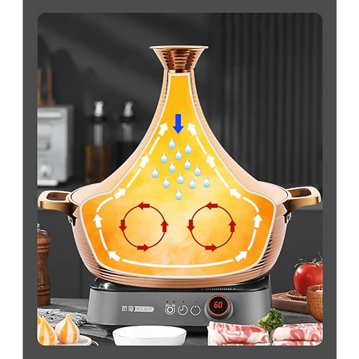 Moroccan Tagine Pot 304 Stainless Steel Tower Stew Dry Pan, Non Stick Slow Cooker Casserole for Seafood, Electromagnetic Cooker Tajine, High Lid Gold - 26cm