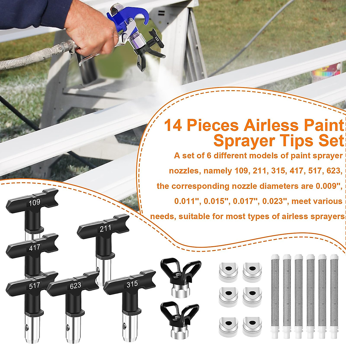 Anglecai 14 Pieces Airless Paint Sprayer Tips Set, 6 Reversible Spray Paint Nozzles, 6 Airless Paint Spray Gun Filters and 2 Nozzle Tip Guards for Airless Spray Paint Machine Parts