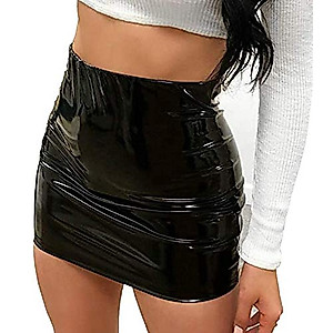 Springcmy Women Neon Leather Bodycon Mini Skirt Skirts Sexy Shiny Liquid Metallic Wet Look Latex Skirt