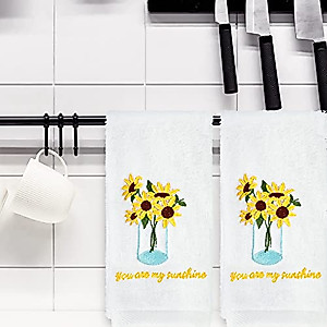 AnyDesign 2 Pack Sunflower Hand Towels Spring Cotton Embroidered Flower Decorative Dish Towel for Bathroom Hand Drying Cleaning Cooking Summer Towel Gift Set, 29.5 x 13.7 Inch
