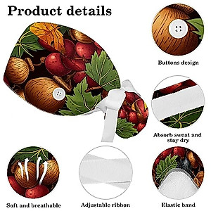 Thanksgiving Acorn Working Cap with Button Sweatband Adjustable Tie Back Bouffant Hats with Scrunchie