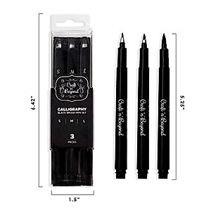 Craft 'n' Beyond Calligraphy Brush Pens Pack of 3 Small, Medium and Large Markers for Hand Lettering, Art Drawing, Sketching, Scrapbooking, Journaling - Beginner Kit with Fadeproof Black Ink