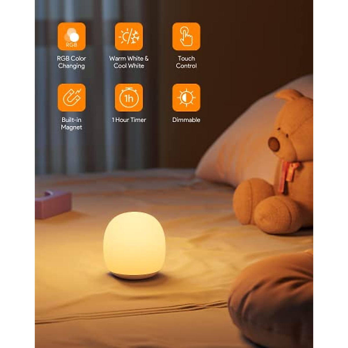 EASEMO Night Light for Kids Room, Baby Night Light with Touch Control, Rechargeable Magnetic Nursery Lamp with RGB Color & Stepless Dimming with 1 Hour Timer for Breastfeeding Bedroom, Child Gifts