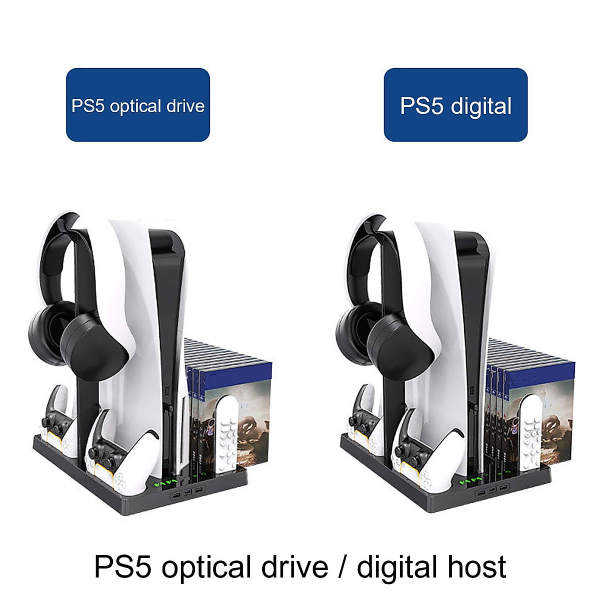 Sequn Vertical Charging Stand for Playstation 5 with Cooling Fan for PS5 Digital Edition/Ultra HD Console, Charging Dock Station with 15 Game Storage Slots and Dual Controller Charger Ports