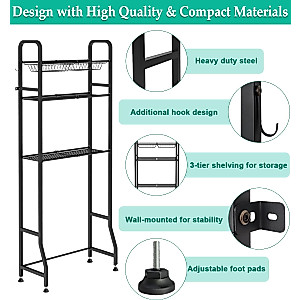 Khordin Over The Toilet Storage Shelf for Bathroom, 3-Tier Above Toilet Rack Bathroom Organizer with Adjustable Shelves and Hanging Hooks, Easy to Assemble & Space Saving, Black