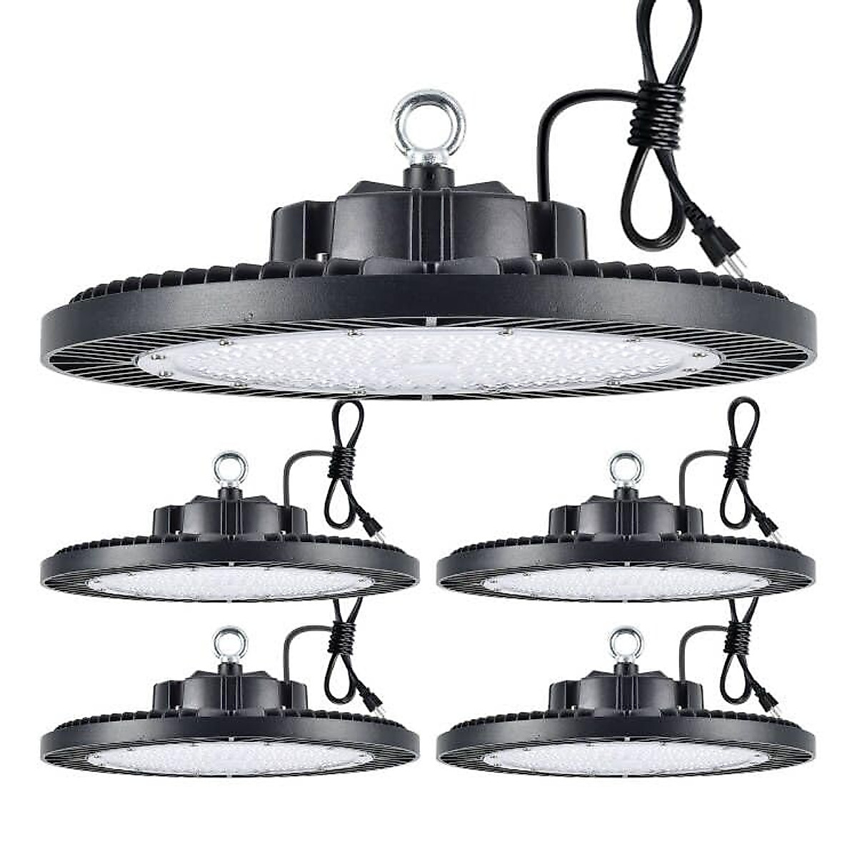 ELEKICO led high Bay Light, 150W 21000Lm 5000K Daylight IP65 high Bay led Lights with Plug 5ft Cable, UFO led high Bay Lights for Warehouse Workshop Factory Barn Garage Area Lighting Fixture 4 Pack