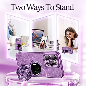 Buleens for iPhone 14 Pro Max Case Astronaut, Clear Cases for iPhone 14 Pro Max with Glitter Paper & Spaceman Stand, Women Girls Cute Electroplated Sparkly Space Phone Cover for 14 ProMax Purple