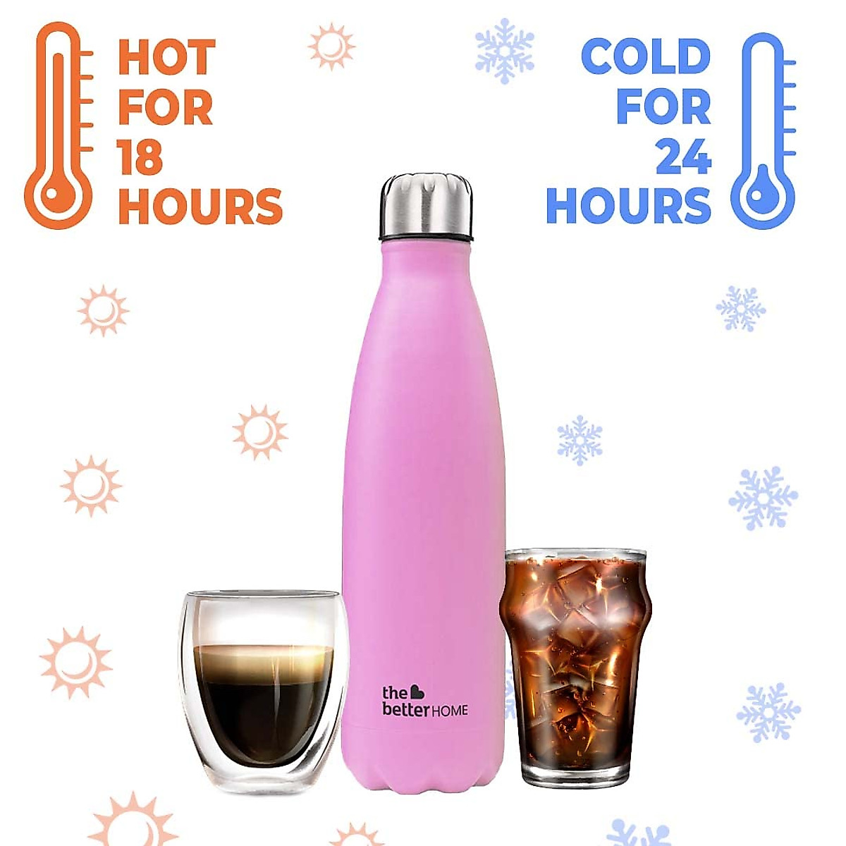 The Better Home 500 Stainless Steel Insulated Water Bottle 500ml Pink | Thermos Flask 500ml | Hot and Cold Steel Water Bottle 500ml | Food Grade & BPA Free Insulated Water Bottles (Pack of 2)