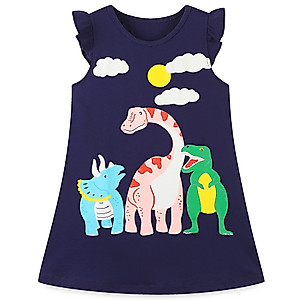 Toddler Girl's Summer Dresses Outfits Clothes,Dinosaur Cotton Flower Short Sleeve Casual Clothing Navy Dinosaur Size 6