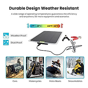 FellDen 12 Volt 6 Watt Solar Trickle Charger for 12V Batteries, Portable Power Solar Panel Battery Charger Maintainer with Lighter Plug/Alligator Clips/Battery Cables